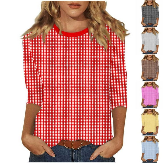 Pincandy Women's Random Plaid Print Crew Neck 3/4 Sleeve T Shirt ...
