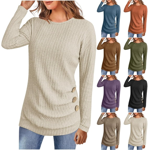 Pincandy Women's Ribbed Long Sleeve Shirts Solid Color Crew Neck Slim ...