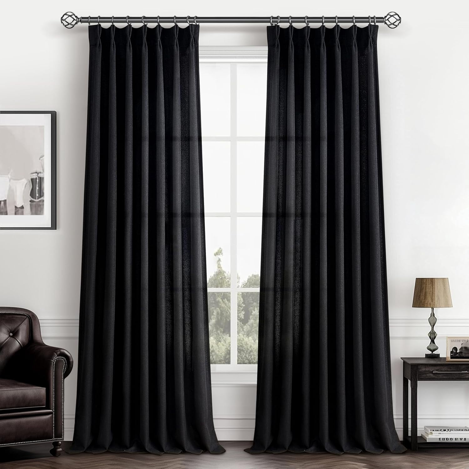 Pinch Pleated Black Sheer 96 Inch Curtains for Bedroom, Neutral Thick ...