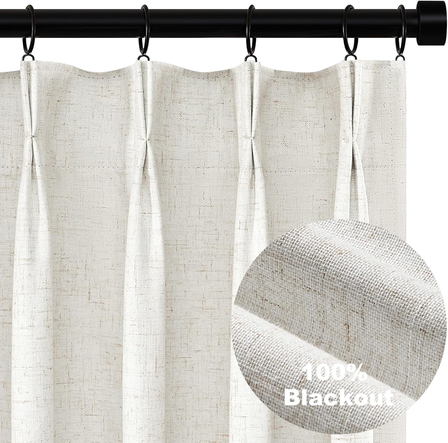 Pinch Pleated Curtains 96 Inch Long, 100% Blackout Thermal Insulated Natural Linen Pinch Pleat ...