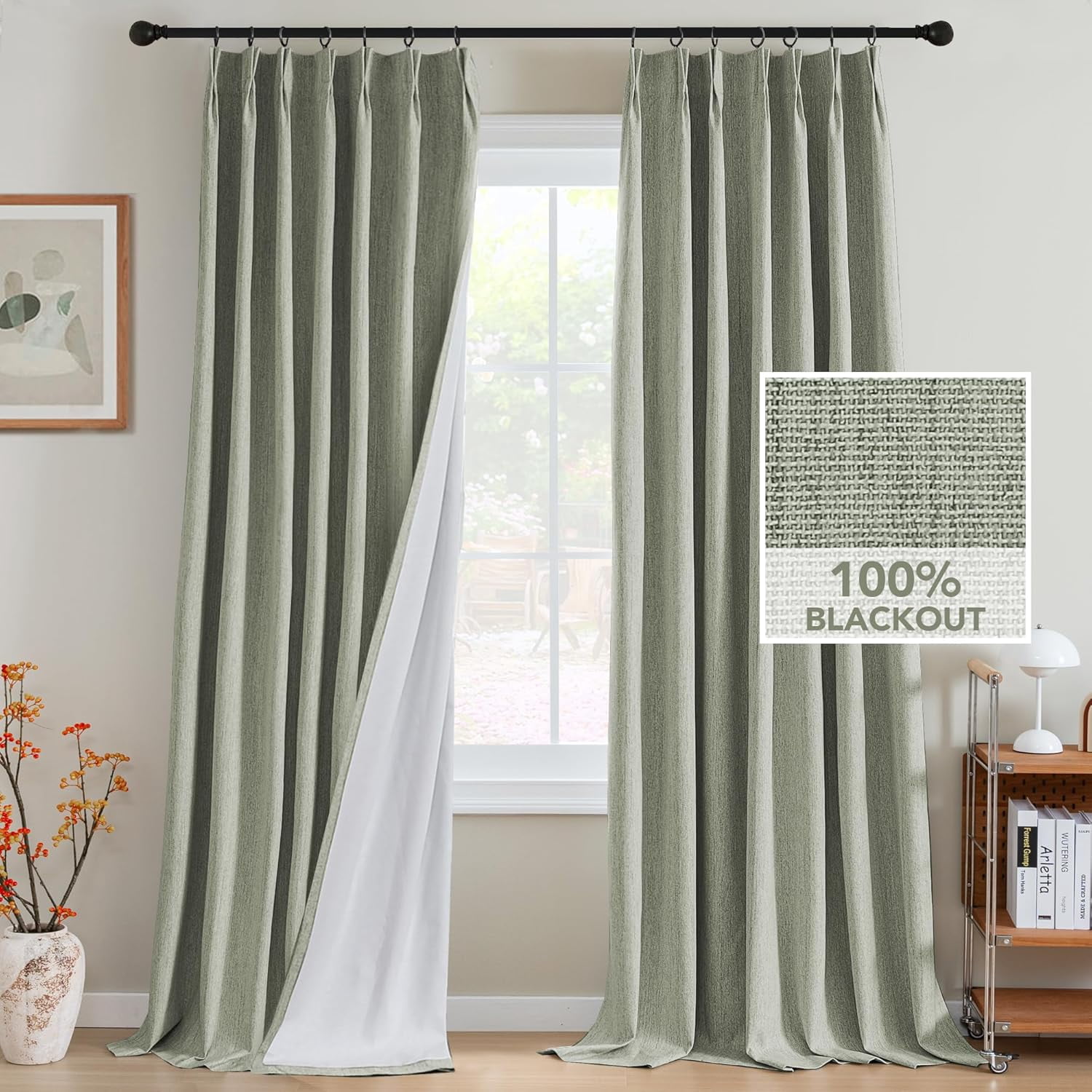 Pinch Pleated Full Blackout Curtains Linen Blended Chenille Blackout ...