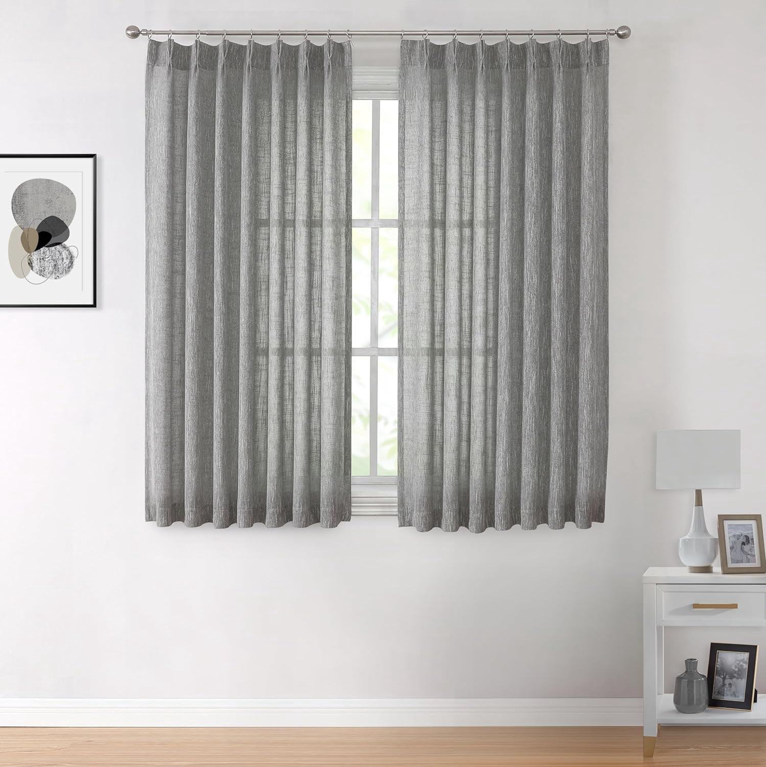 Pinch Pleated Gray Semi Sheer Curtains Textured Light Filtering Window ...