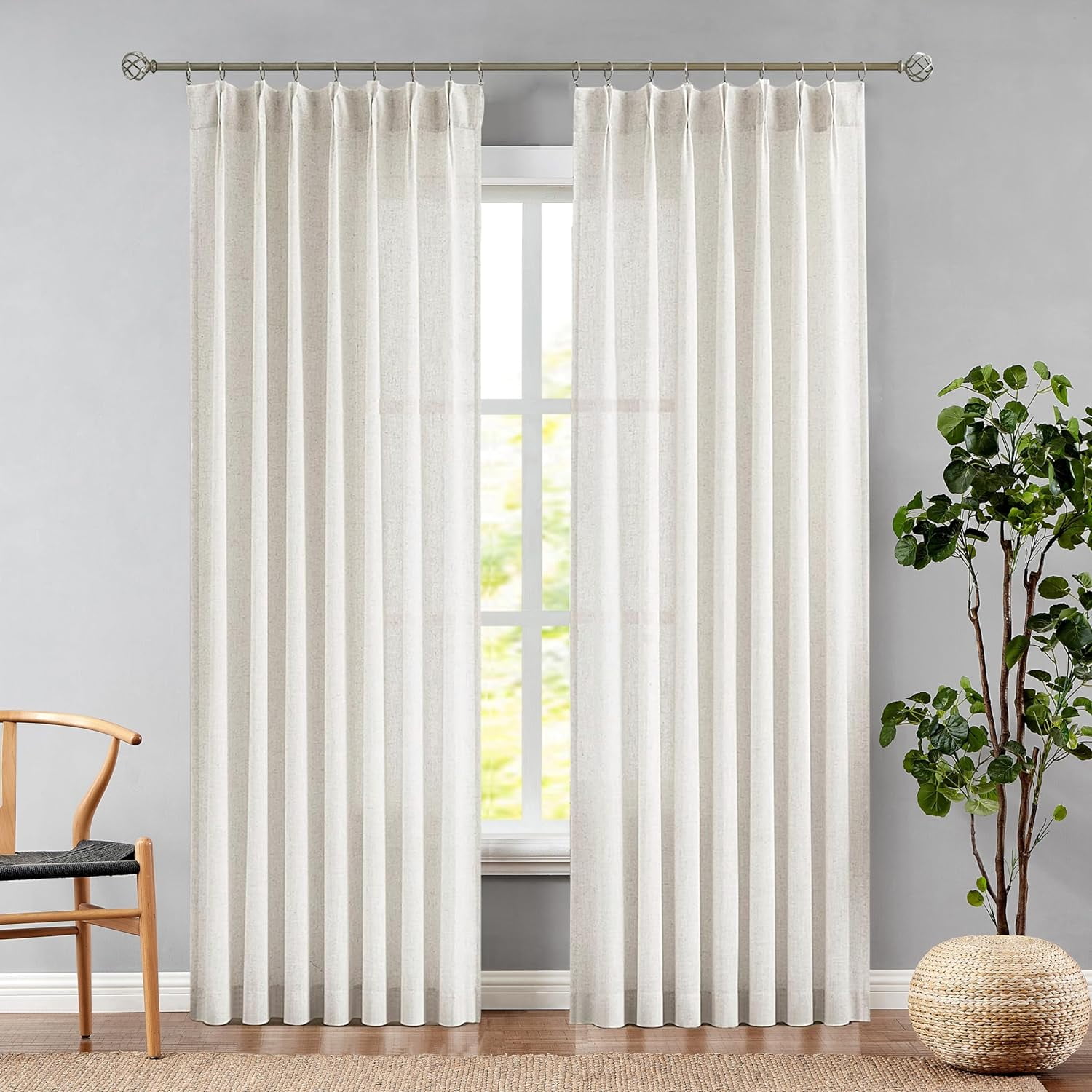 Pinch Pleated Sheer Curtain Panels 102 Inches Long Linen Blend Slub ...