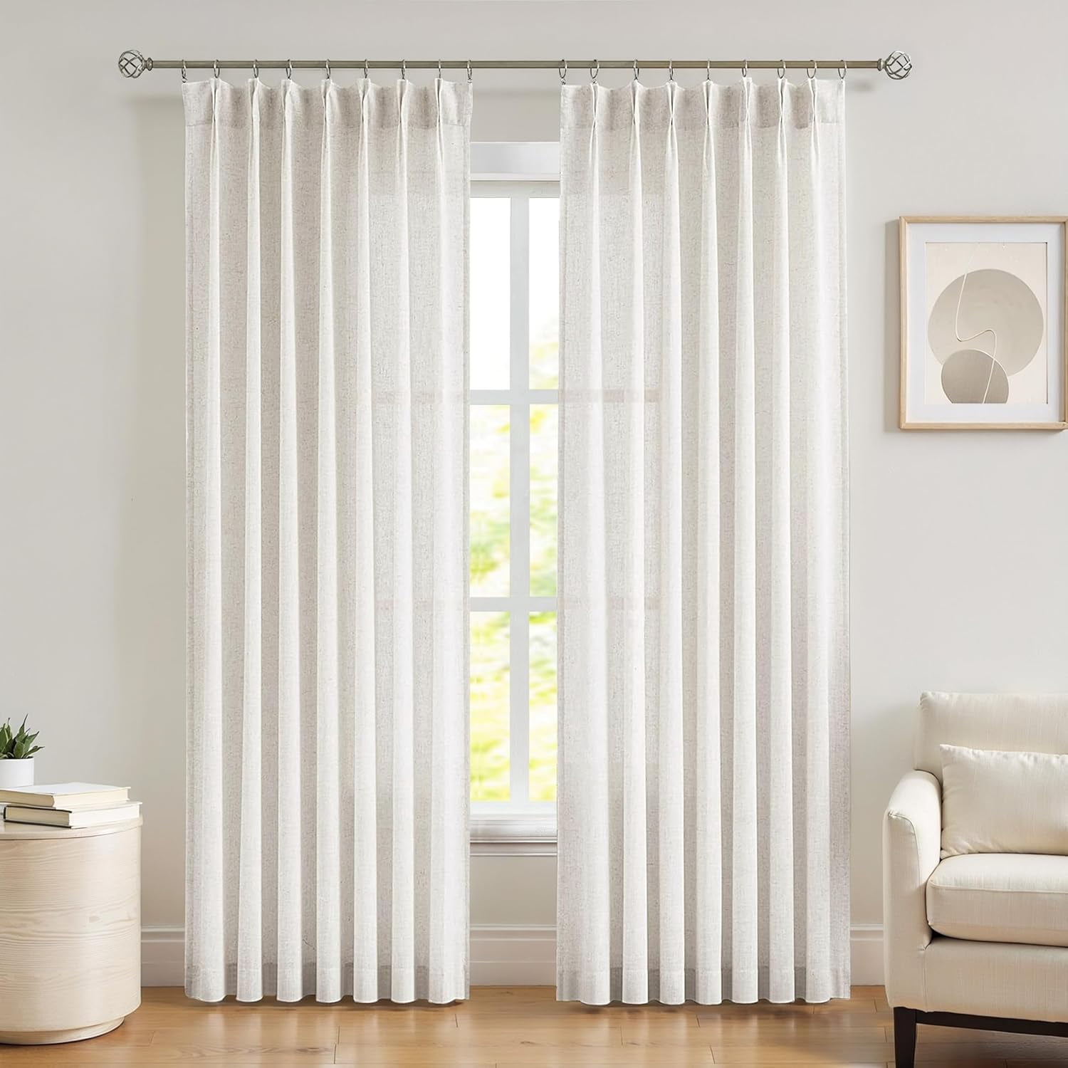 Pinch Pleated Sheer Curtain Panels 90 Inches Long Linen Blend Natural ...