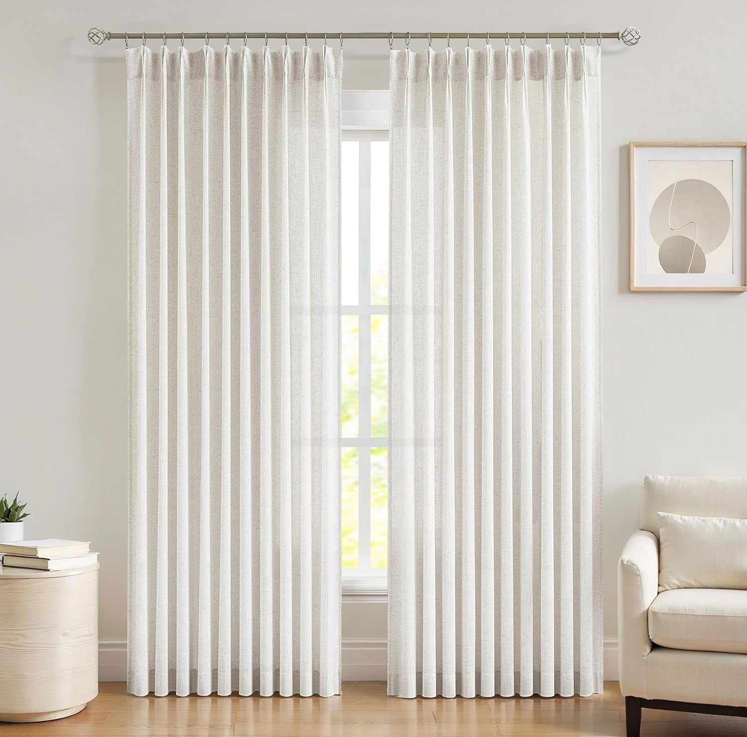 Pinch Pleated Sheer Curtain Panels 95 Inches Long Linen Blended Slub ...