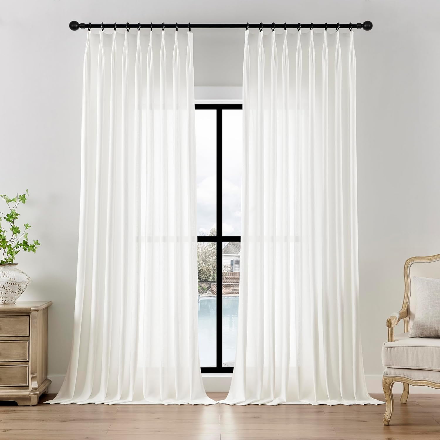 Pinch Pleated Sheer Curtain Panels 96 Inches Long with Linen Texture, Light Filtering Window ...
