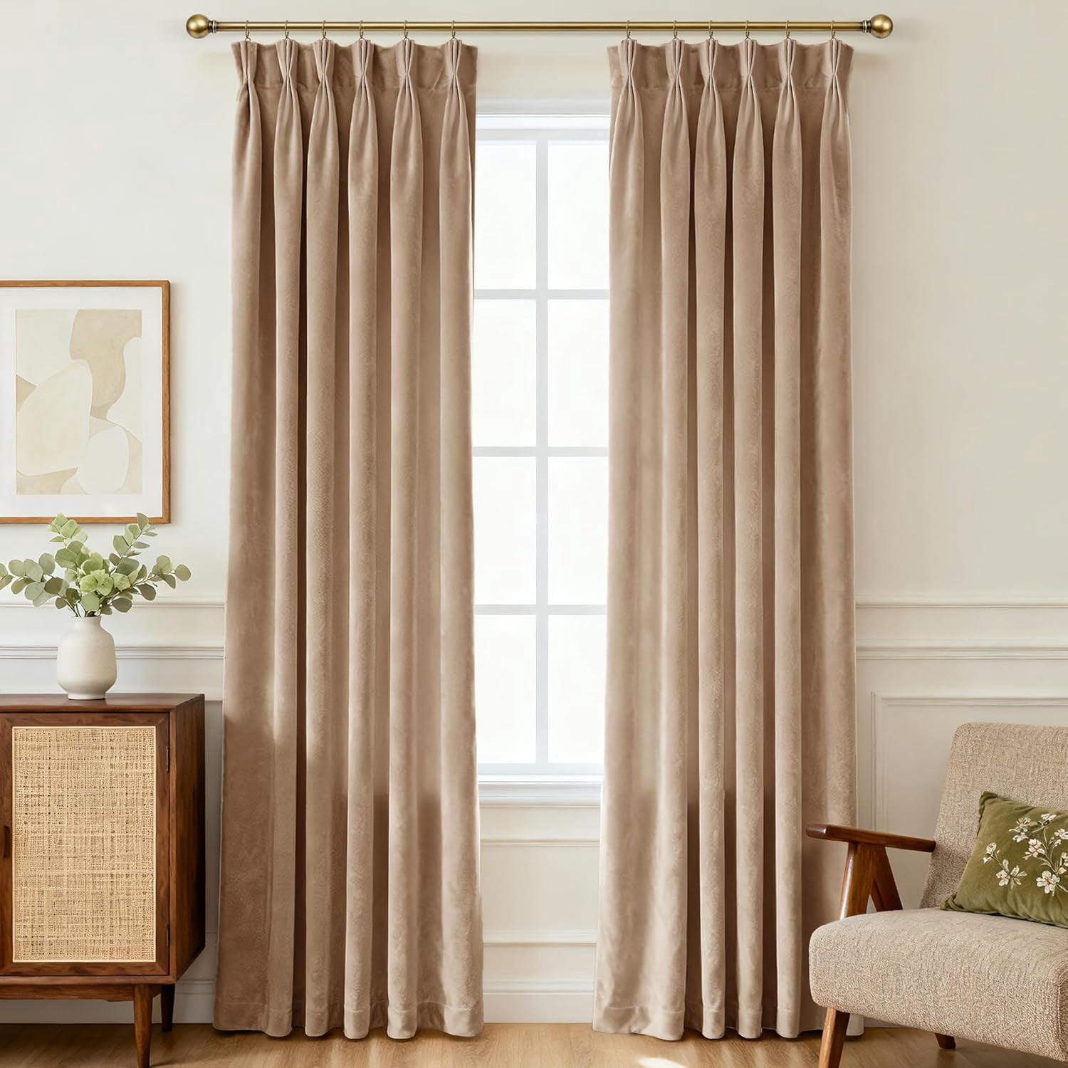 Pinch Pleated Taupe Velvet Curtains 40x96 - Plush Luxury Room Darkening ...
