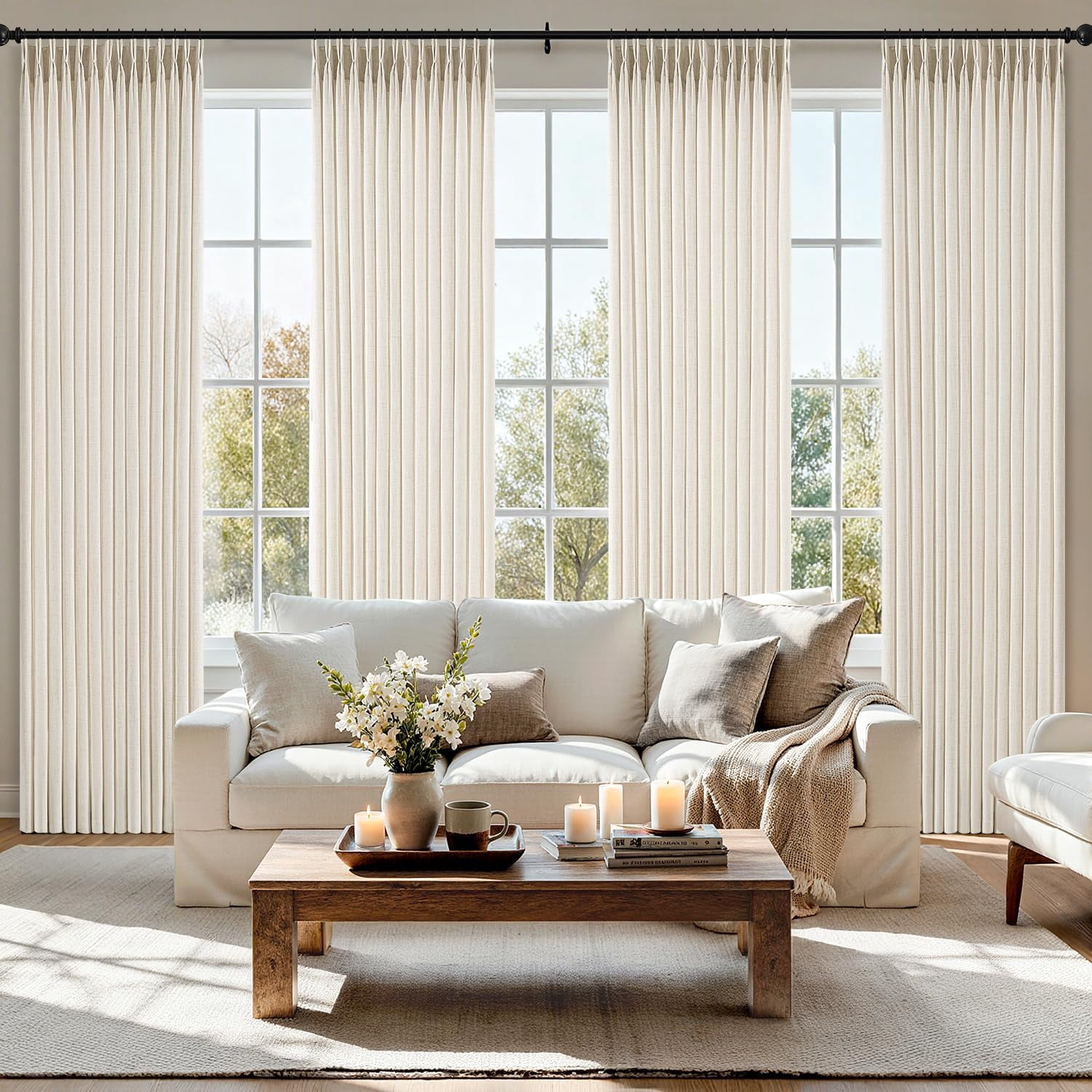 Pinch Pleated Thick Linen Curtains 96 Inches 4 Panels Set Ivory Cream ...