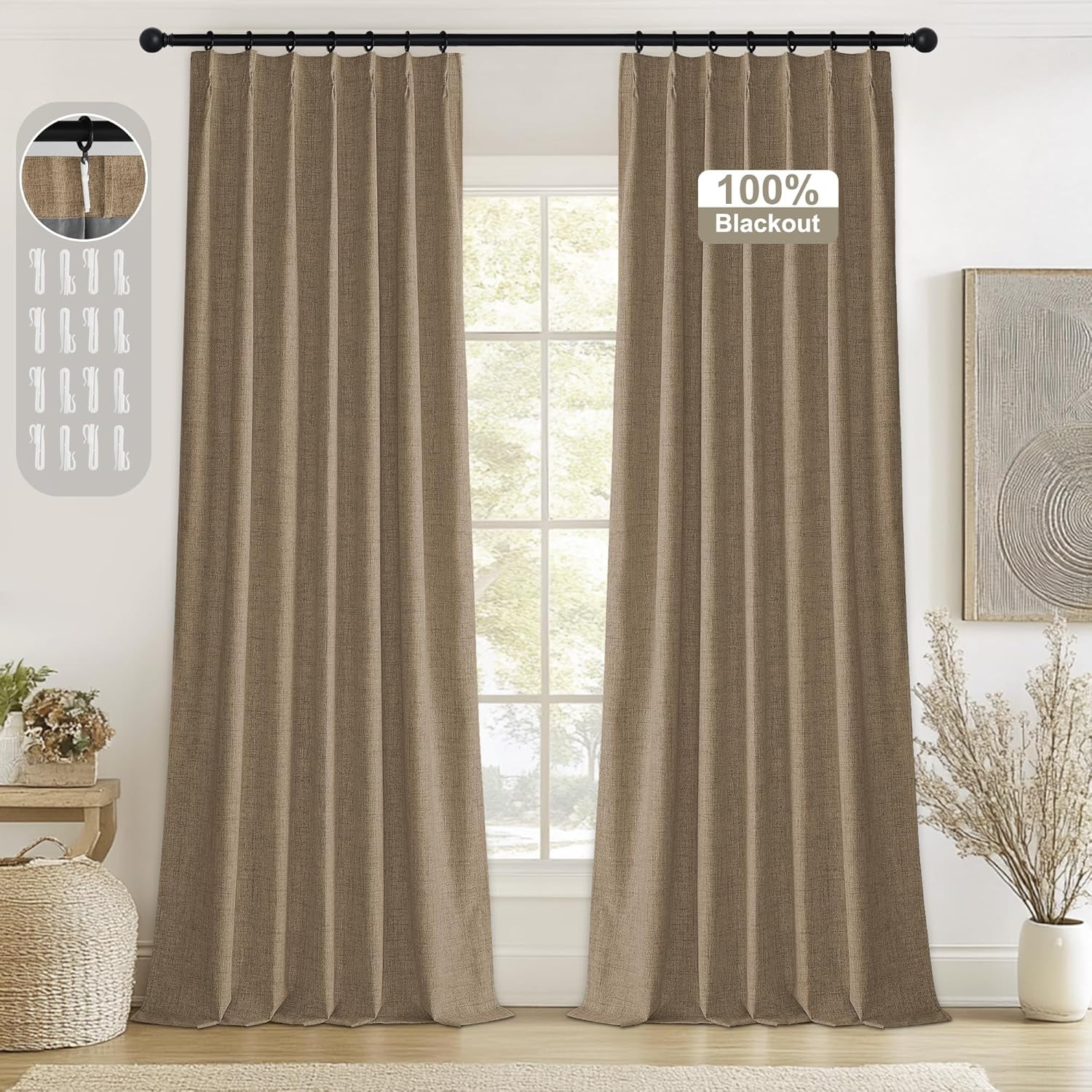 Pinch Pleated Total Black Out Curtains 96 Inch Long, Natural Linen Room Darkening Bedroom Drapes ...