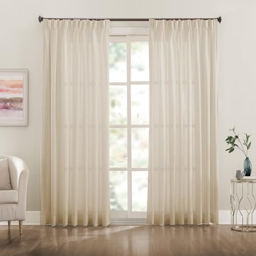Pinch Pleats Sheer Curtains 72 inches Long, Beige Semi Window Curtains ...