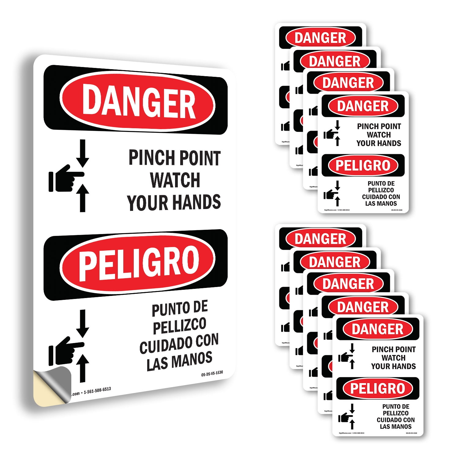 Pinch Point Watch Your Hands Bilingual OSHA Danger Vinyl Decal Label 18 ...