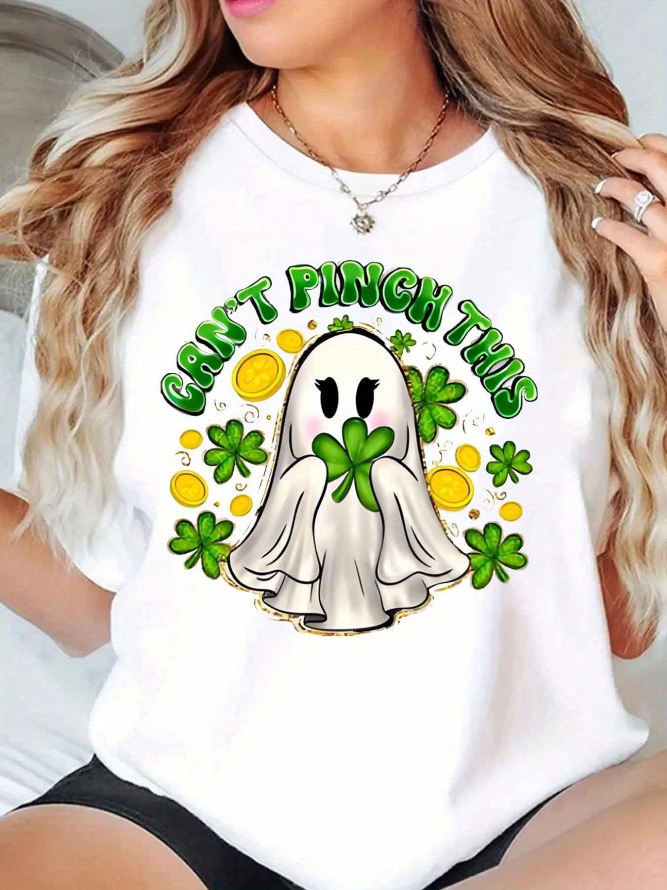 Pinch Proof Ghost Clover Graphic T-Shirt for Women Casual Short Sleeve ...