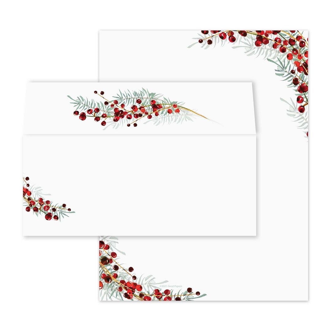 Pine And Berry Holiday Letterhead With Envelopes / 40 Decorative Sheets ...