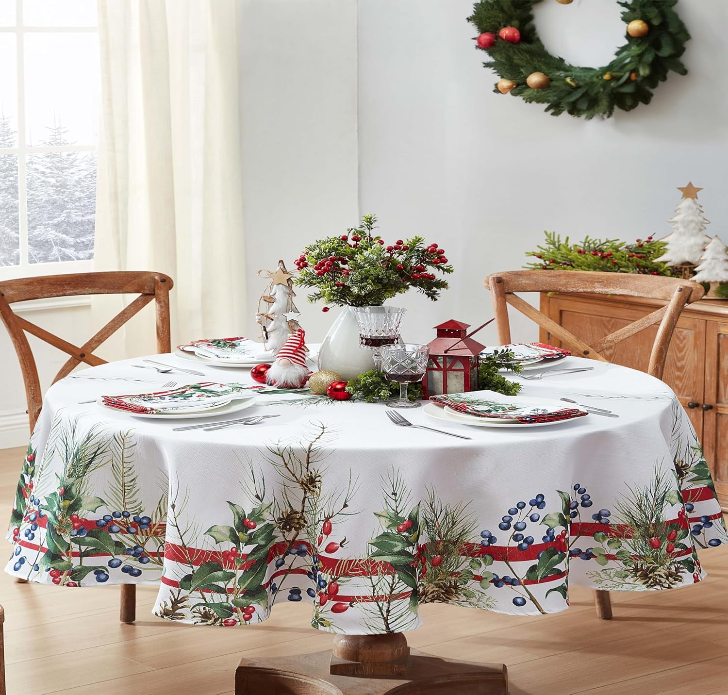 Pine Berry Provence Christmas Fabric Tablecloth, 60 x 84 Inch Oval ...