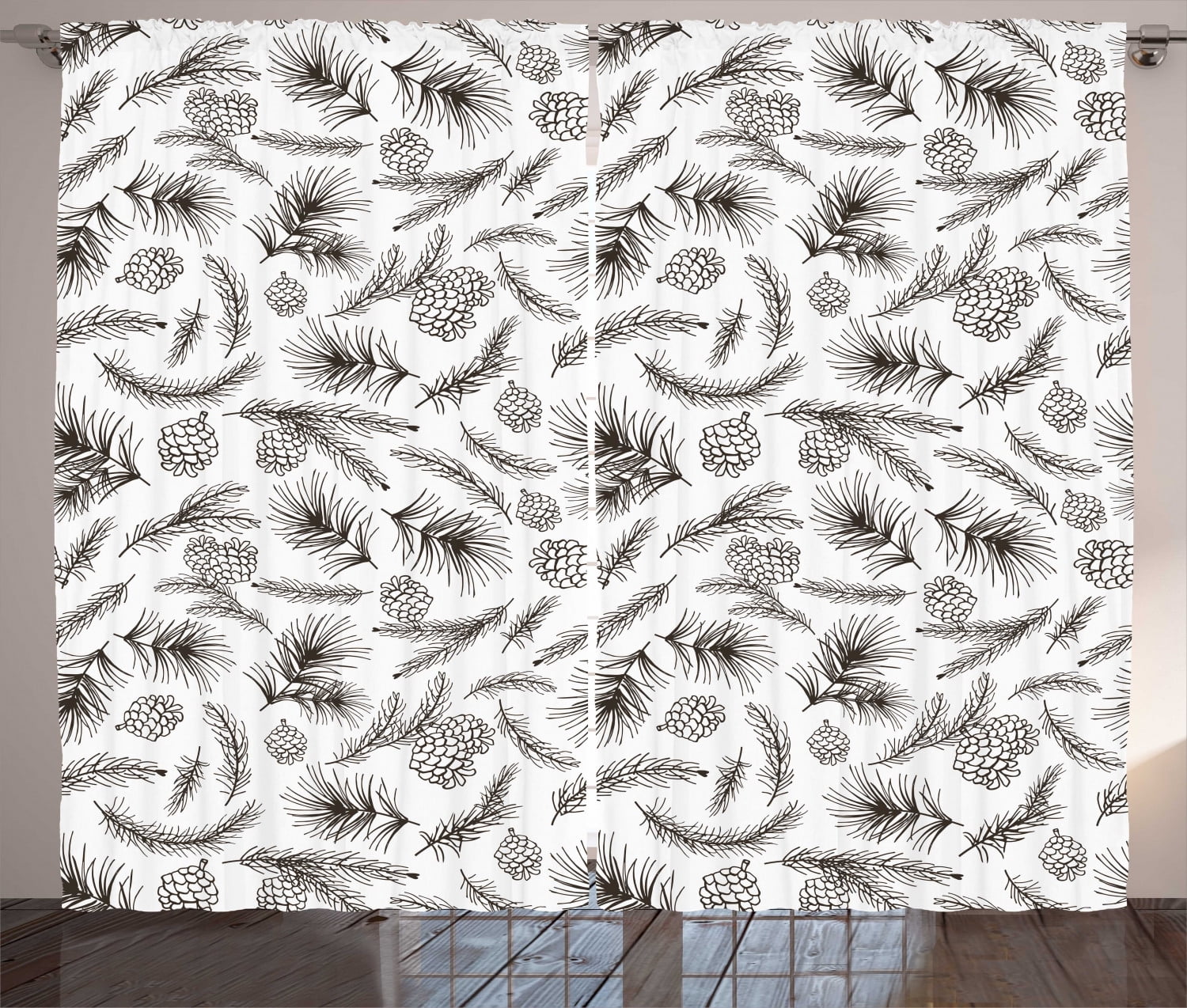 Pine Cone Curtains 2 Panels Set, Botanical Branches Nature Mother Earth Growth Monochrome Style ...
