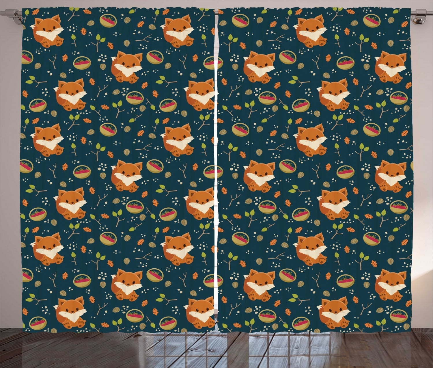 Ambesonne Pine Cone Curtains 2 Panel Set, Fox Basket of Raspberry, 108 ...