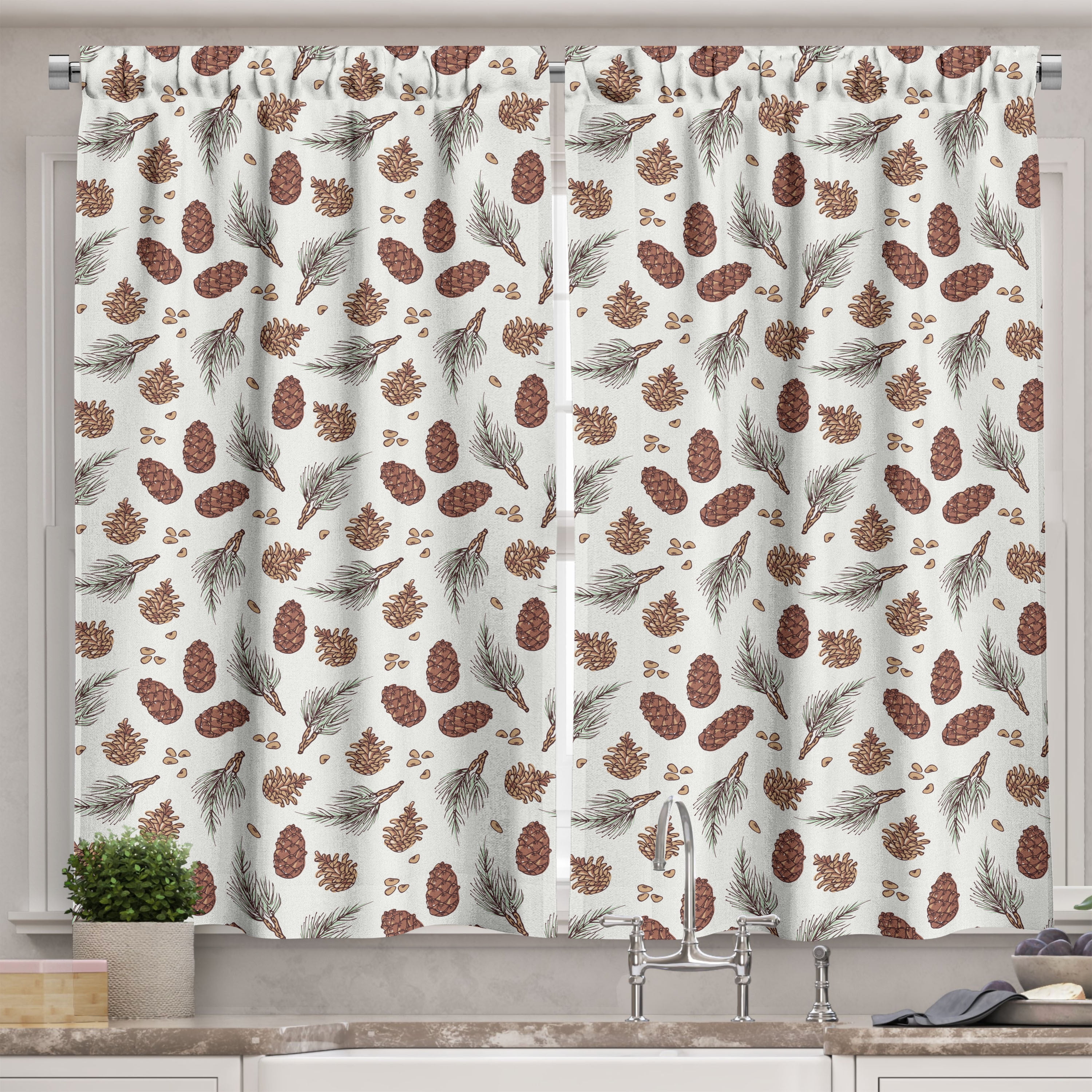 Pine Cone Curtains 2 Panels Set, Natural Toned Conifers with Spruce Branches Fir Winter Doodle ...