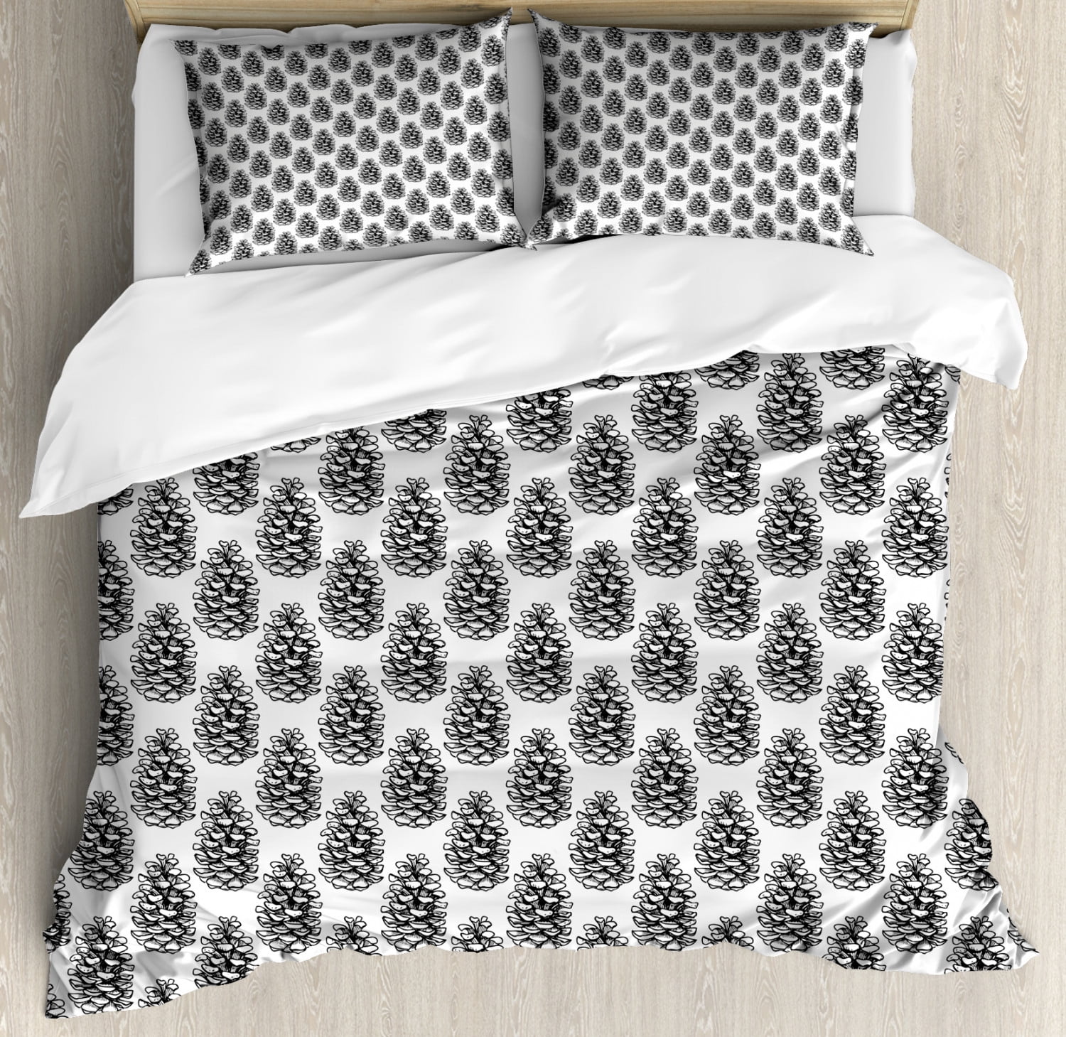 Pine Cone Duvet Cover Set Queen Size, Monochrome Conifer Botanical ...