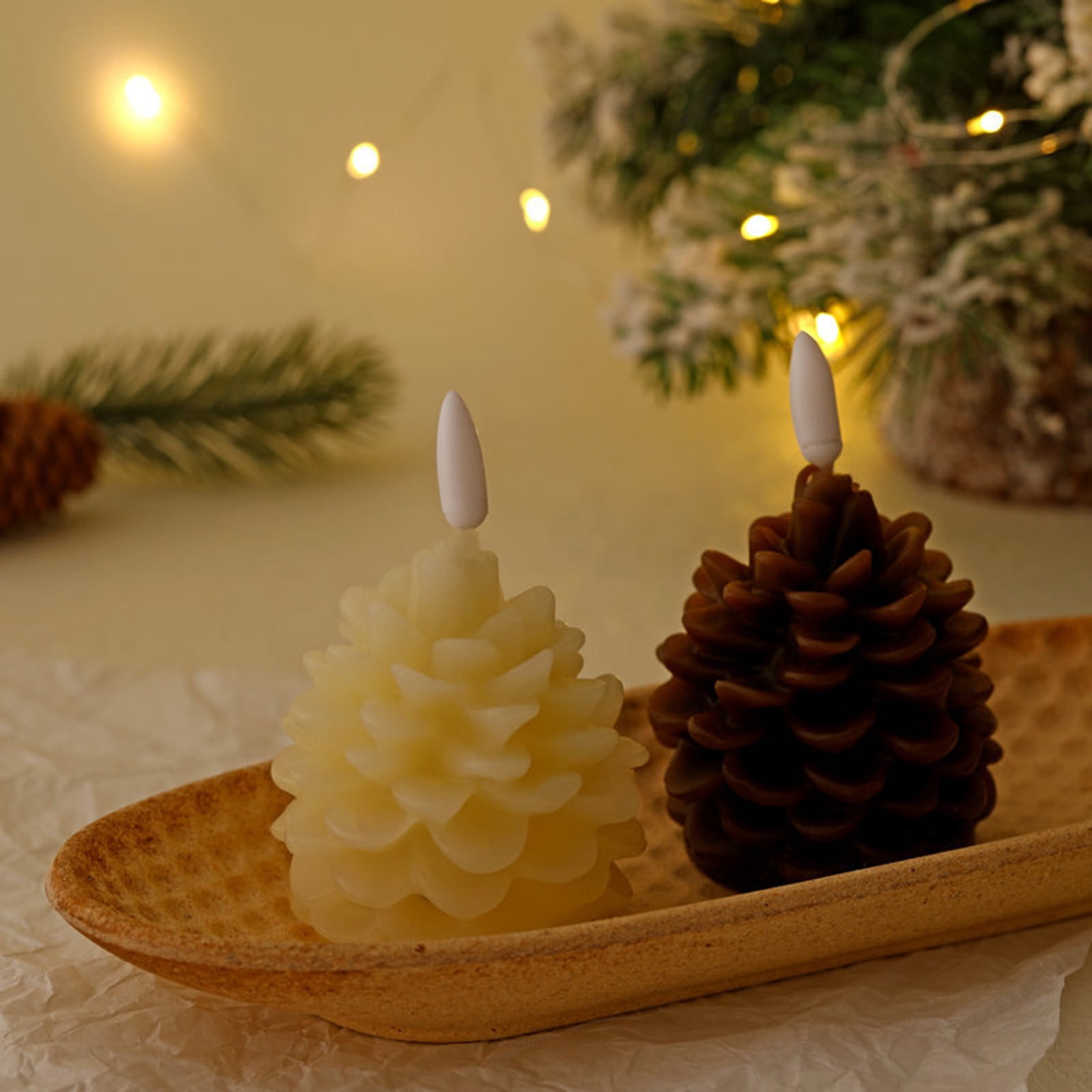 Pine Cone Flameless Candles Battery Operated Flat Wick Flickering LED ...
