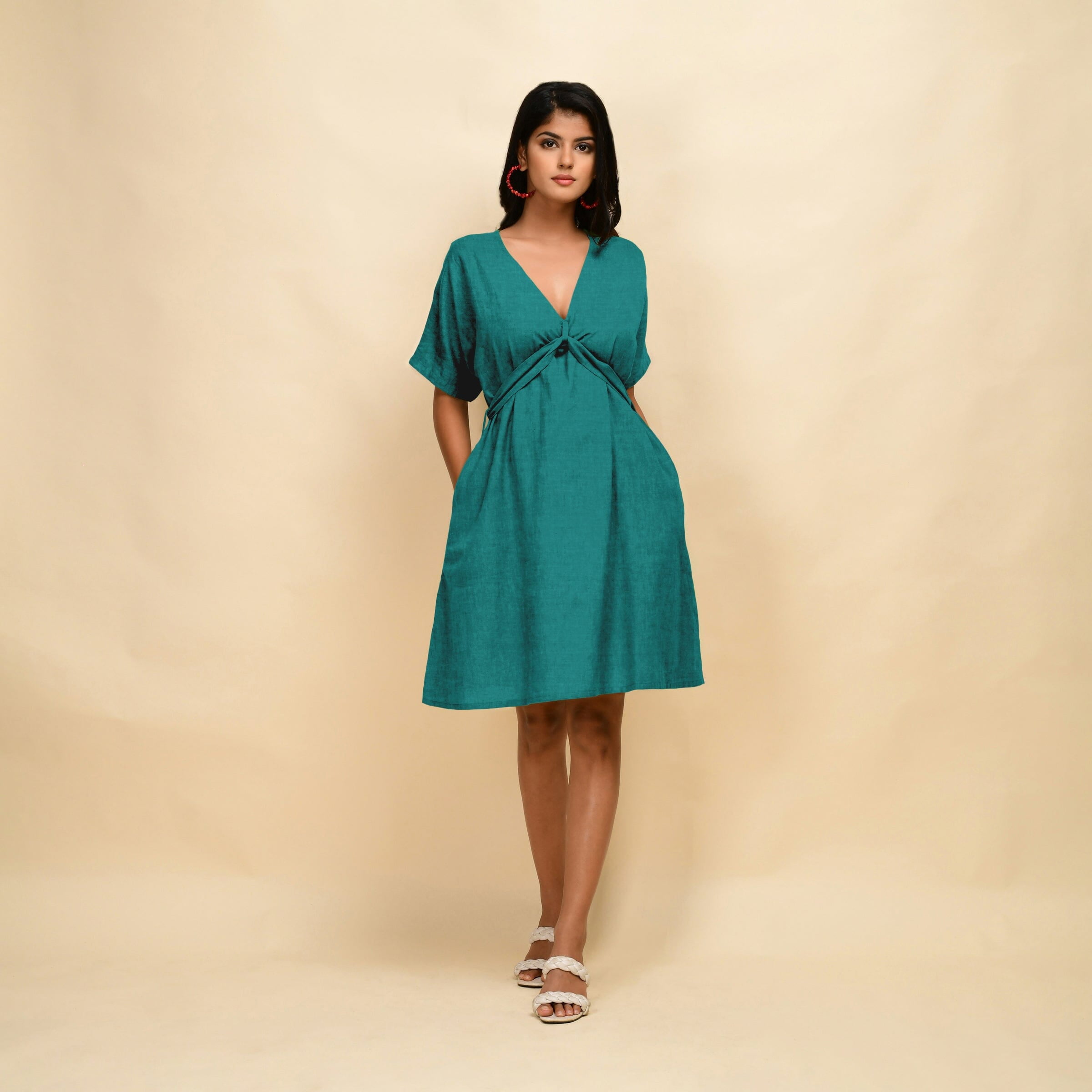 Pine Green 100% Linen V-Neck Knee Length Blouson Dress - Walmart.com