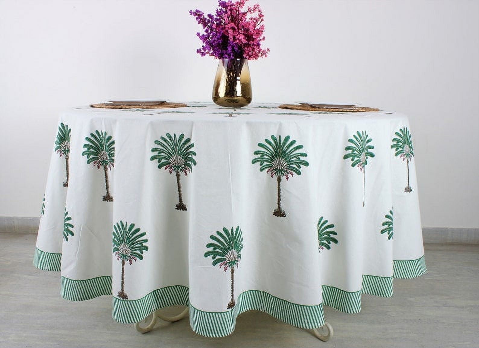 Pine Green Palm Round Tablecloth, Indian Floral Hand Block Printed ...