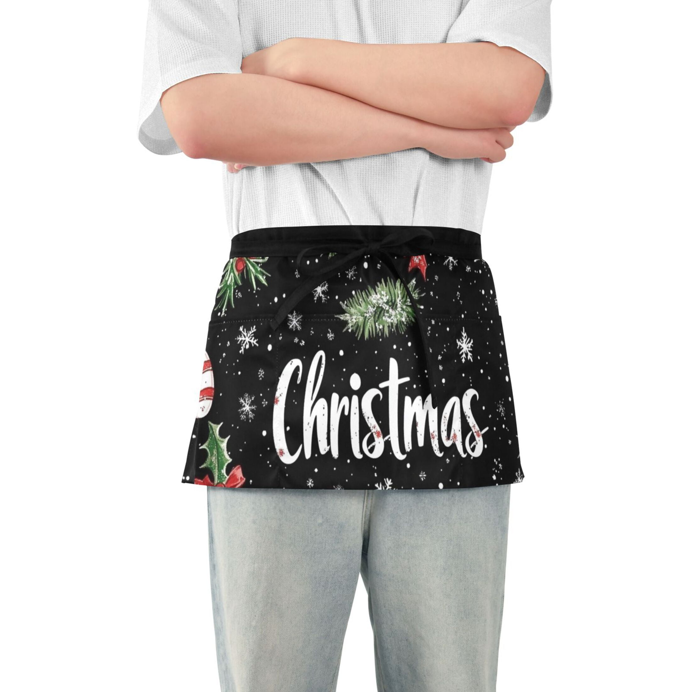 Pine Leaves Candy Canes Christmas Snowflakes Short Server Apron with 3 ...