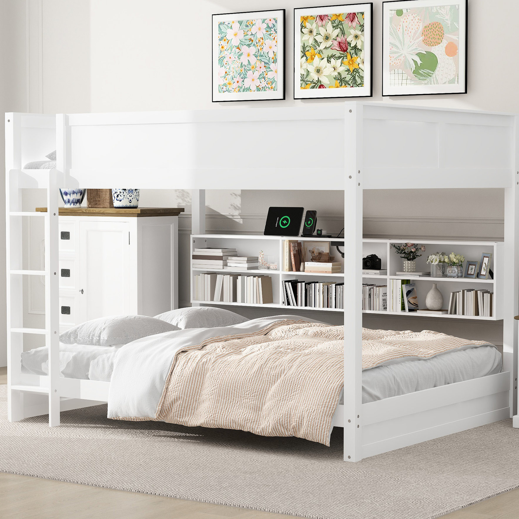 Pine MDF Queen Bunk - 6 Cabinets and USB Charging - In Multi - person ...