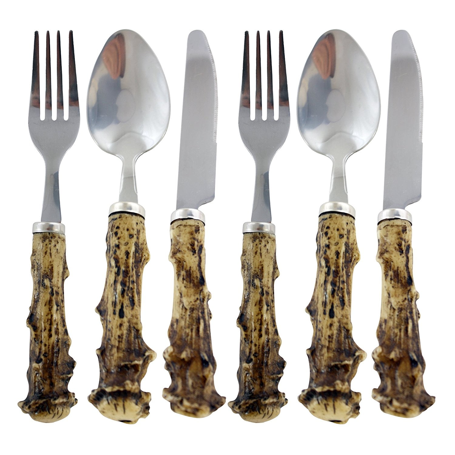 Pine Ridge 6 Piece Silverware Set with Faux Deer Antler Handles with 2 ...