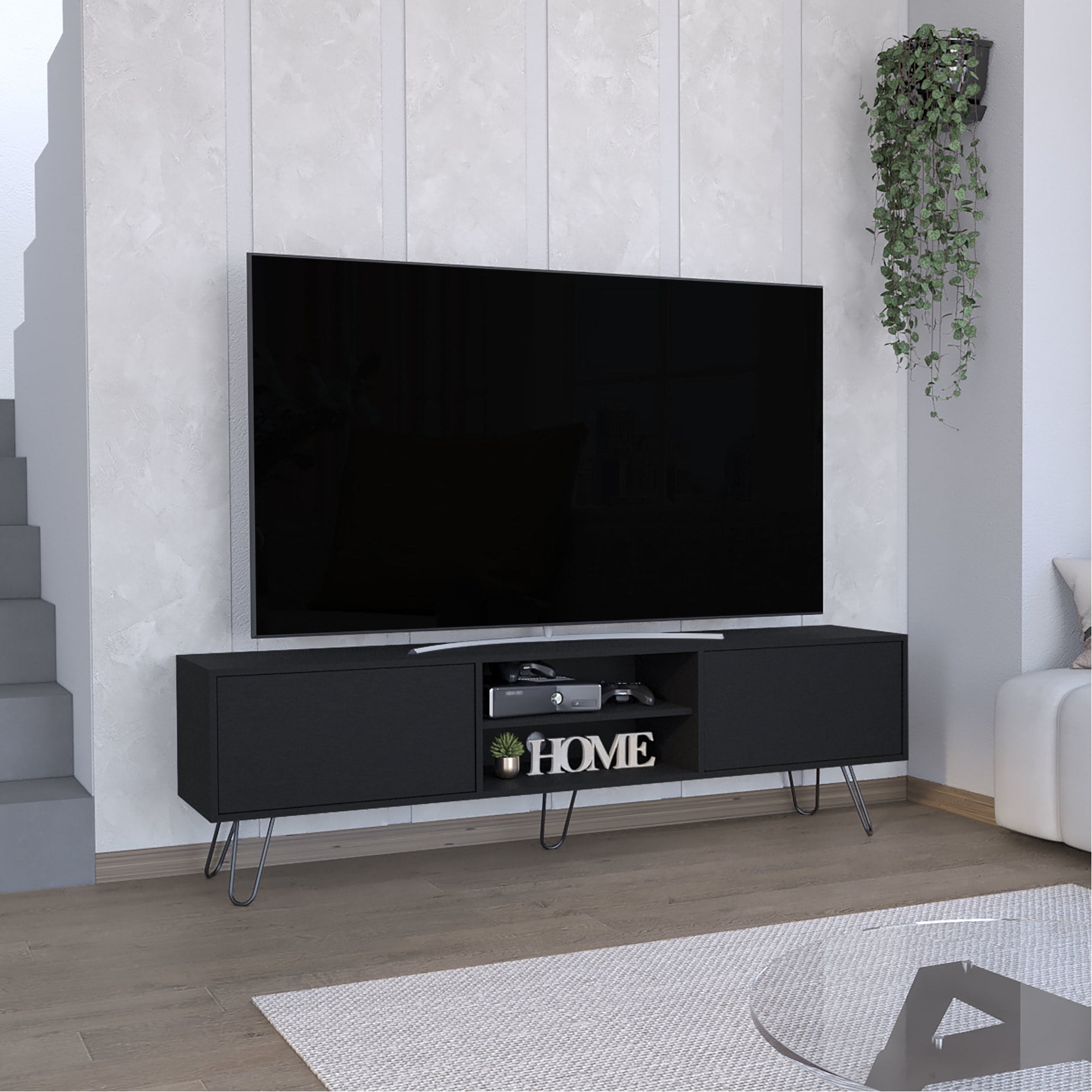 Pine TV Rack with Five Legs, Open Shelves / Handy Storage for 55" TVs ...