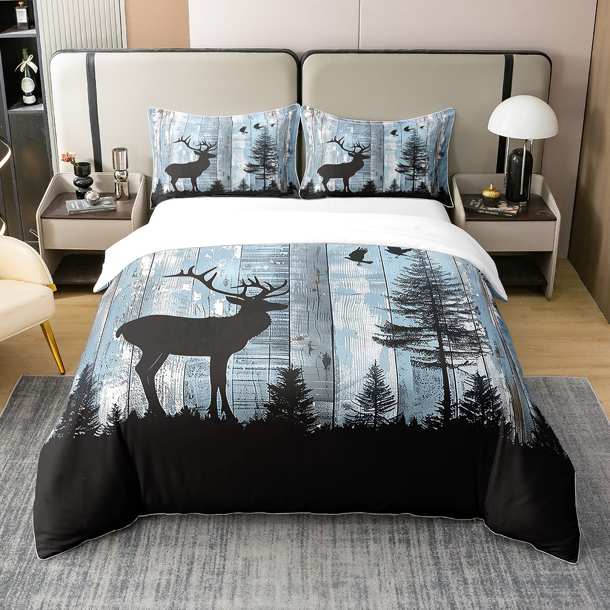Pine Tree Deer Silhouette 100% Cotton Bedding Set Retro Rustic ...