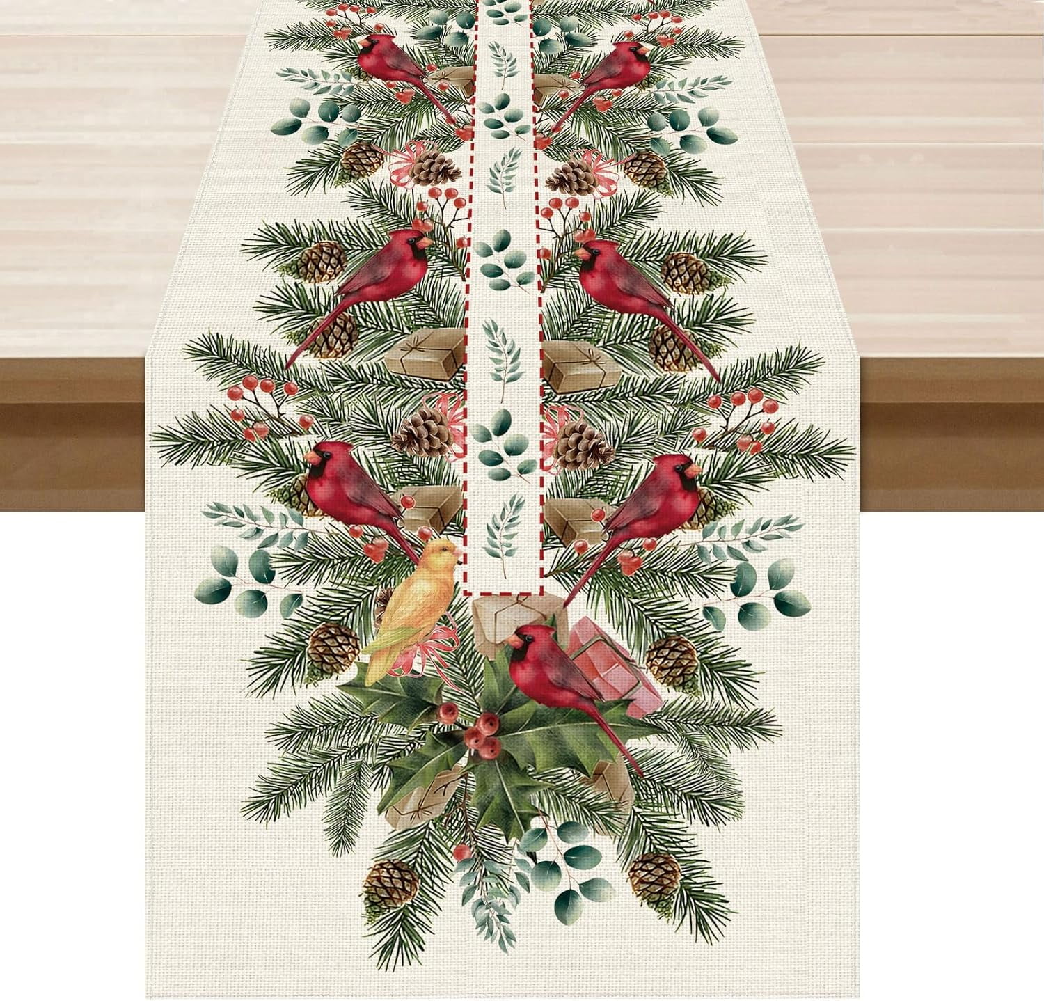 Pine Tree Eucalyptus Leaves Cardinal Bird Christmas Winter Xmas Cloth ...