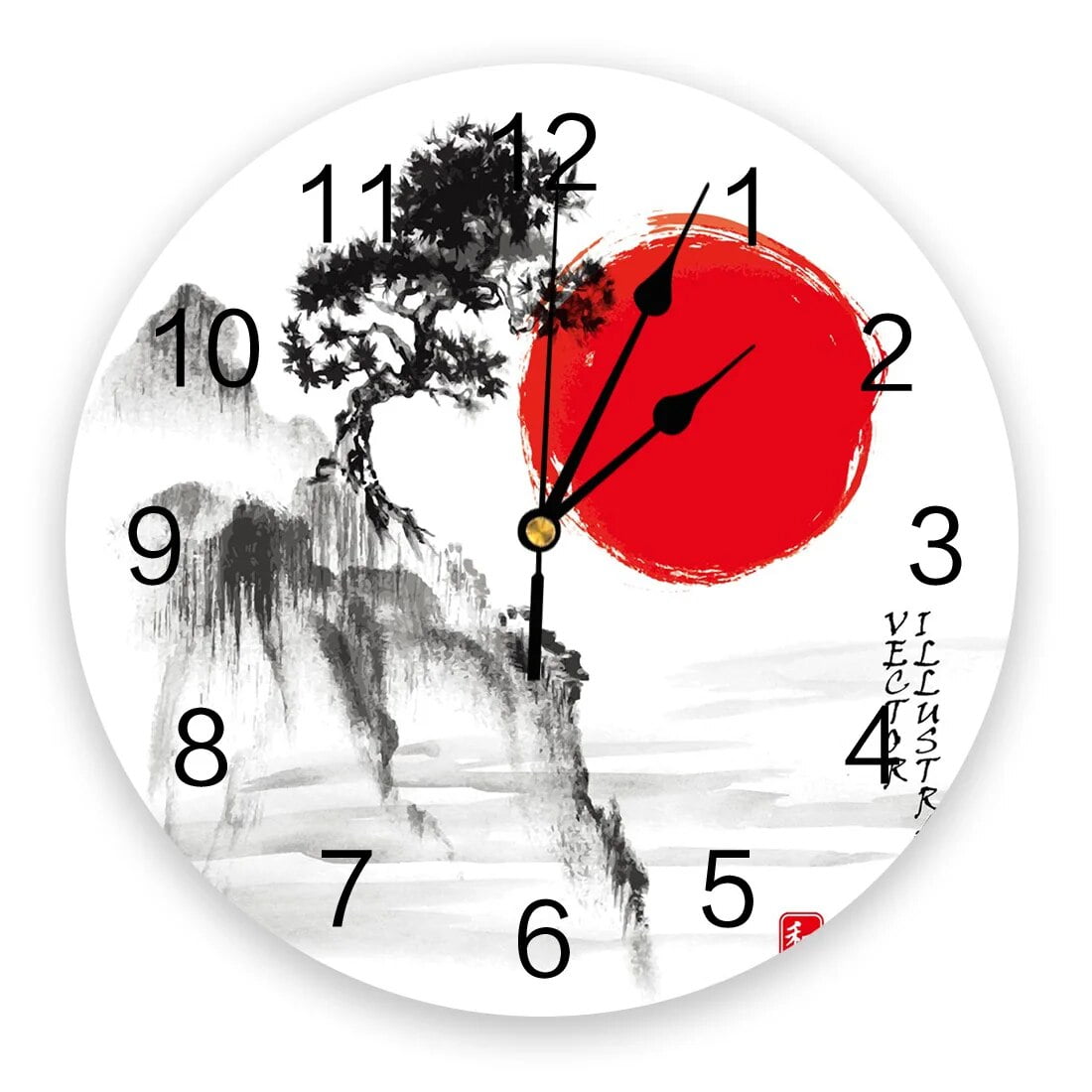 Pine Tree Mountain Landscape Ink Painting Wall Clock Modern Design ...