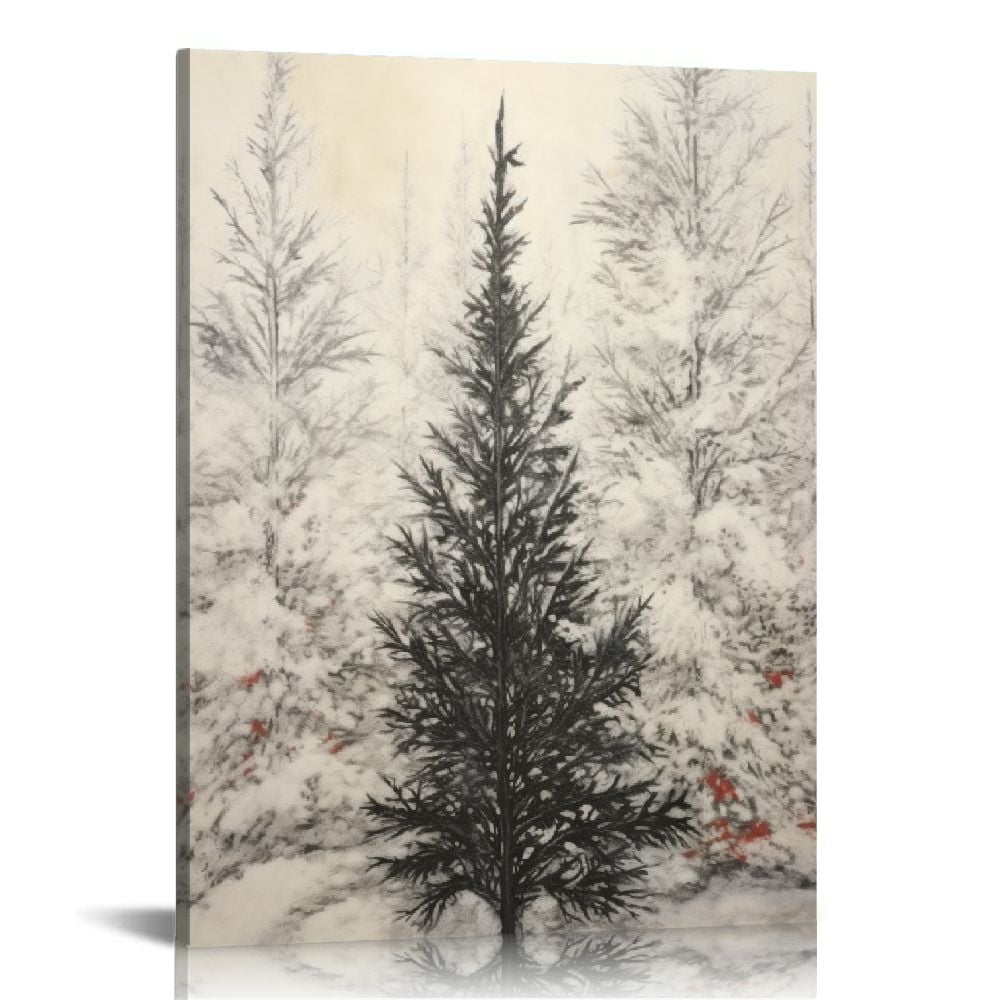 Pine Tree Painting Black And White Plant Wall Art Christmas Tree ...