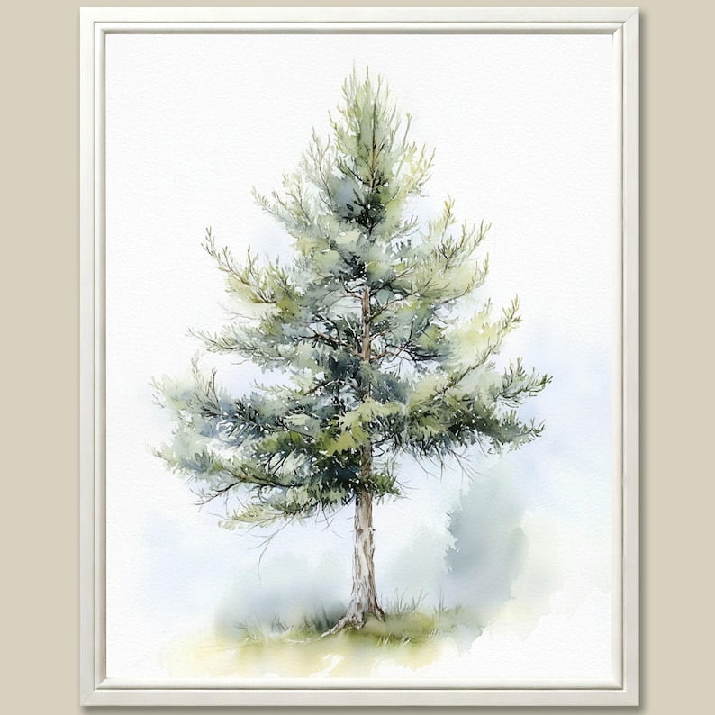 Pine Tree Painting Evergreen Tree Watercolor Art Print Minimalist Wall ...