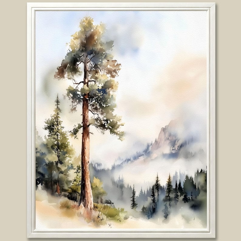 Pine Tree Painting Misty Mountain Forest Watercolor Art Print ...