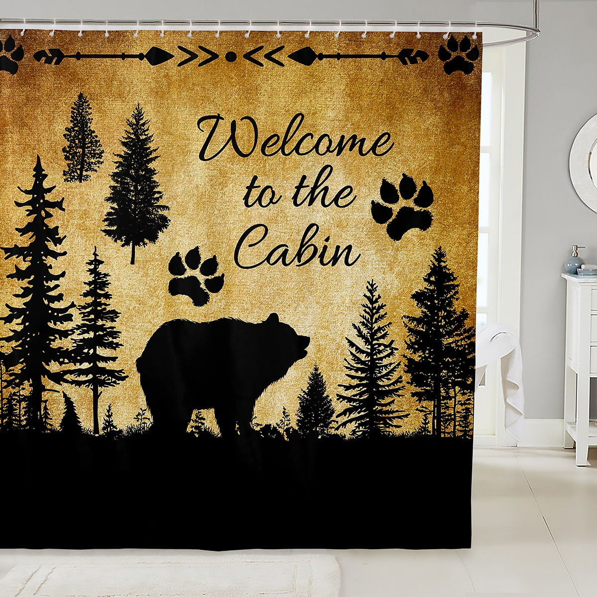 Pine Trees Bathroom Shower Curtain Sets Bear Paw Bath Curtain,Woodland ...