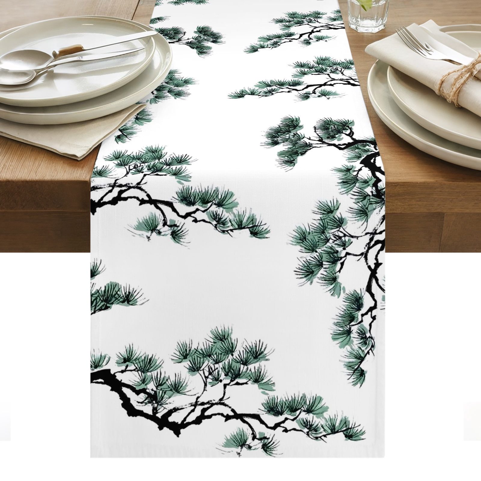 Pine Trees Cotton Linen Table Runner Plant Japanese Style Spring ...