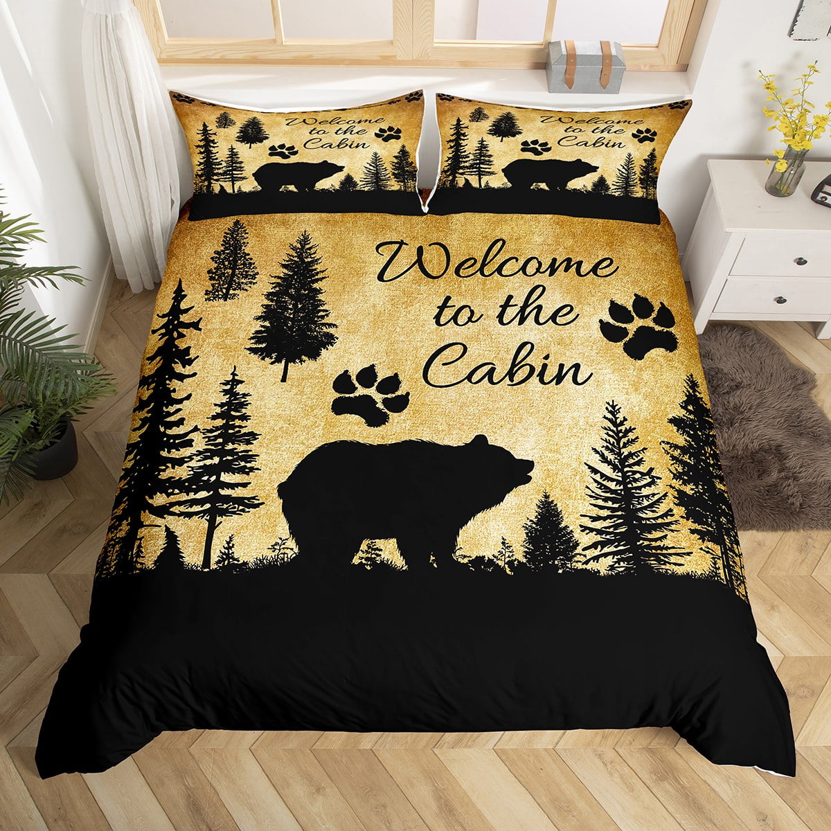 Pine Trees Duvet Cover Bear Paw Bedding Set Full,Woodland Wild Animals ...
