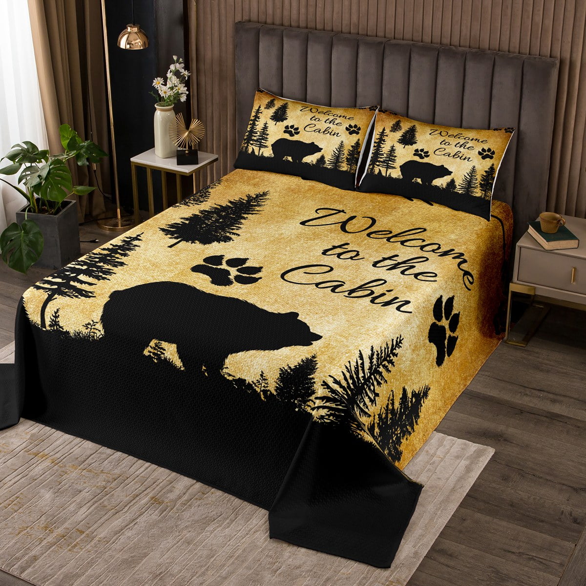 Pine Trees Quilt Set Bear Paw Twin Bedspread Set for Boys,Woodland Wild ...
