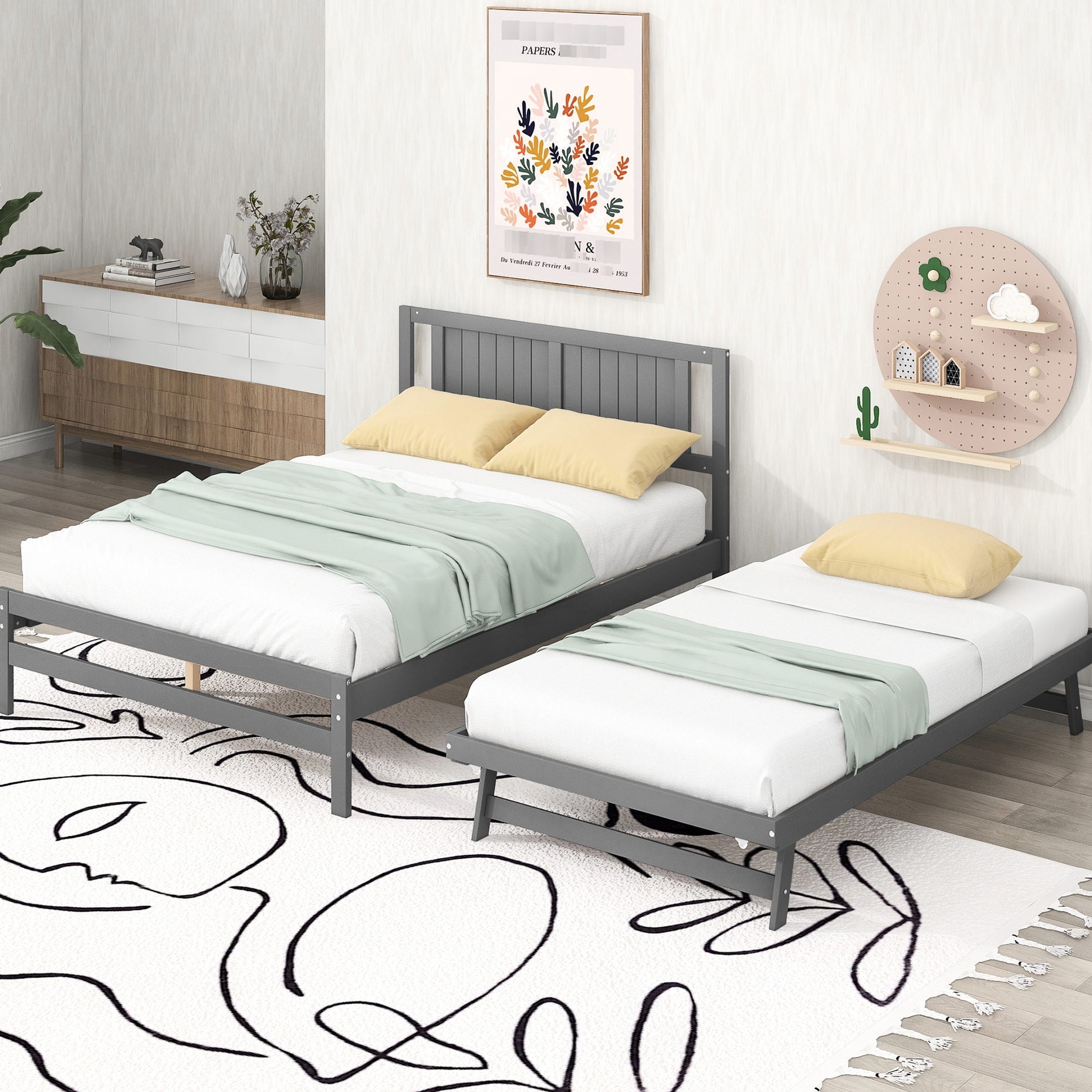 Pine Wood & MDF Full Size Platform Bed with Adjustable Trundle ...