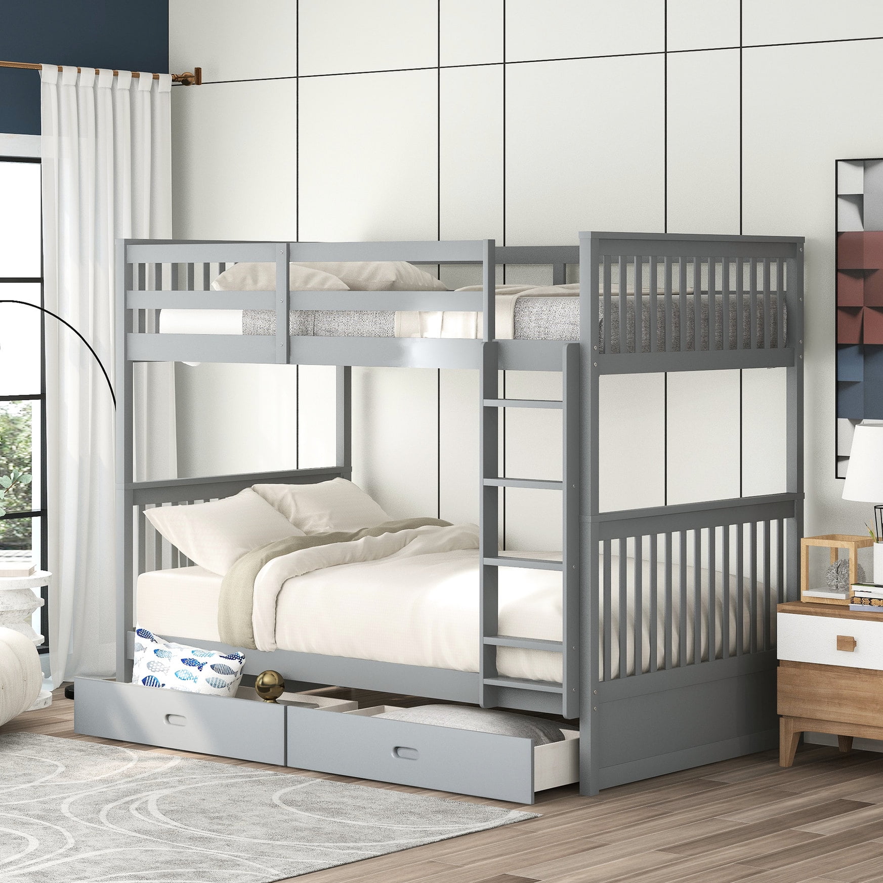 Pine Wood Structure - Two Twin Beds Function - In Bedroom Decor ...