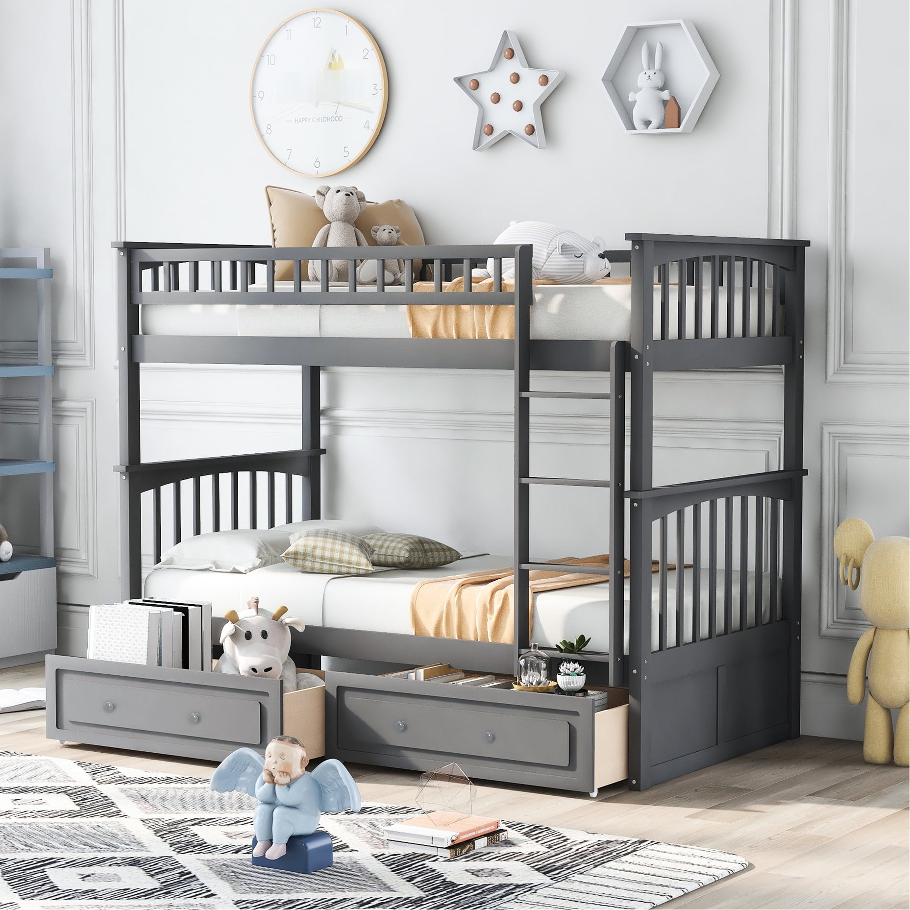 Pine Wood Twin Bunk Bed - Convertible Function, Storage Drawers for ...