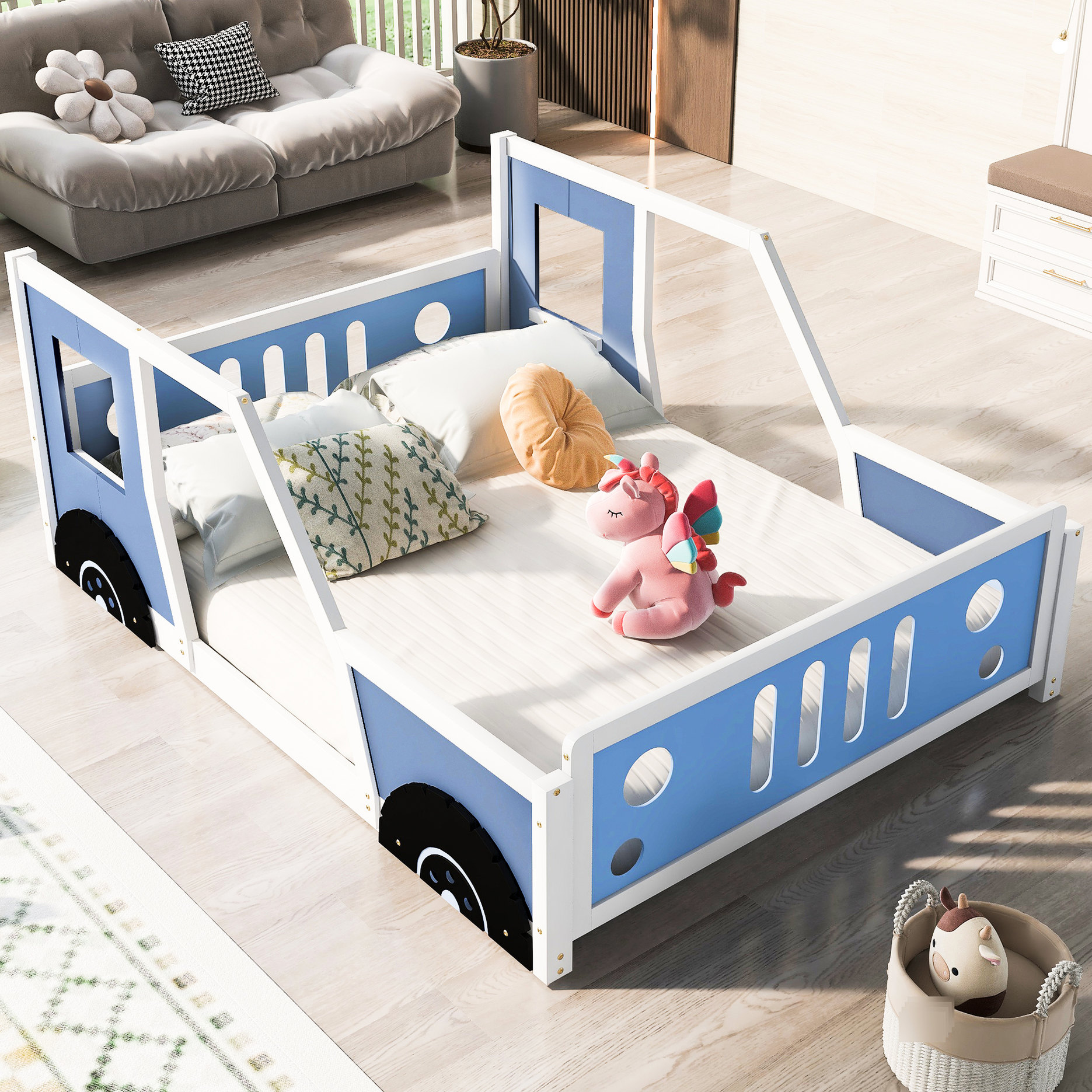 Pine Wood and MDF Construction, Full Size - Blue Car Bed with Wheels ...