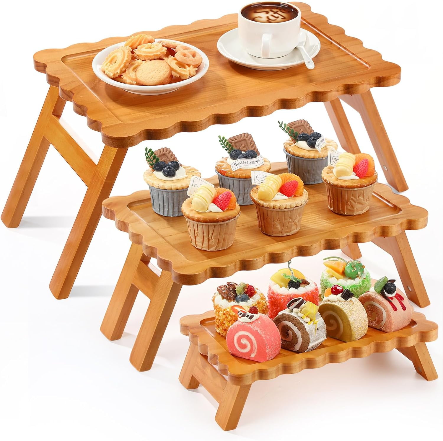 Pine Wooden Foldable Cupcake Tier Stand 3 Tier Cupcake Tower Holder ...