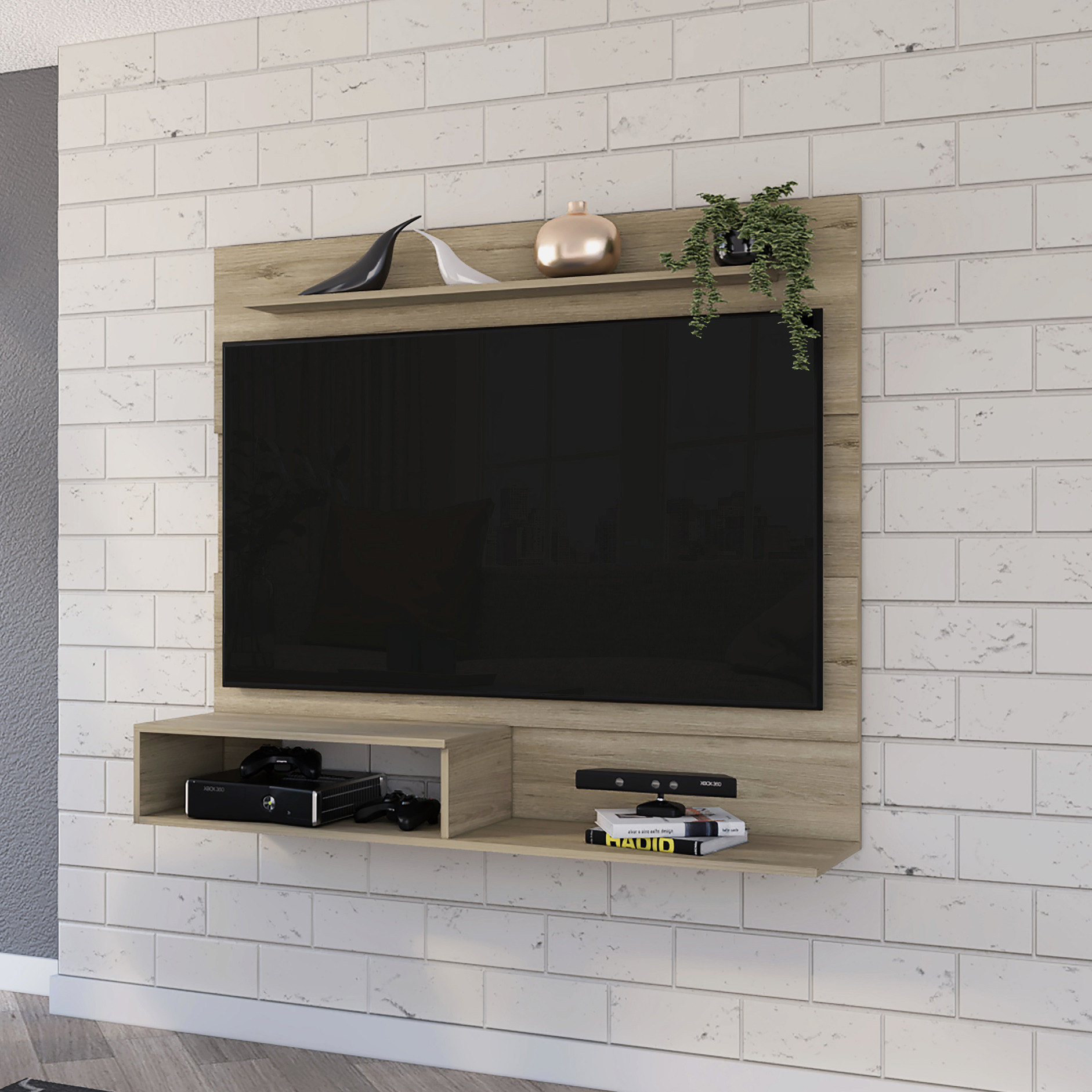 Pine wood floating entertainment center for 55-inch TV in living room ...