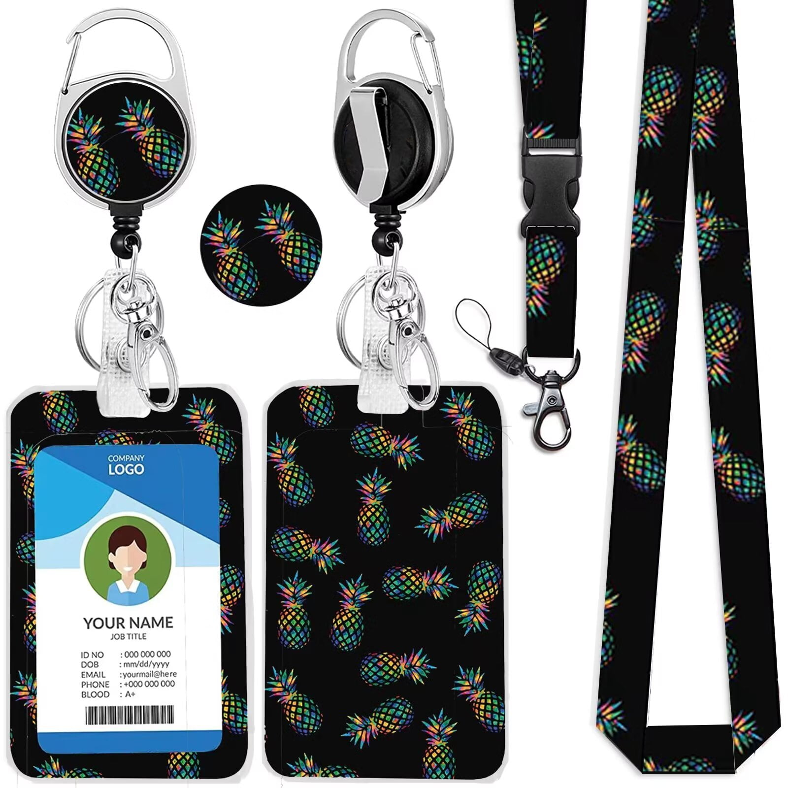 Pineapple ID Badge Holder with Lanyard Keychain, Retractable Badge Reel ...