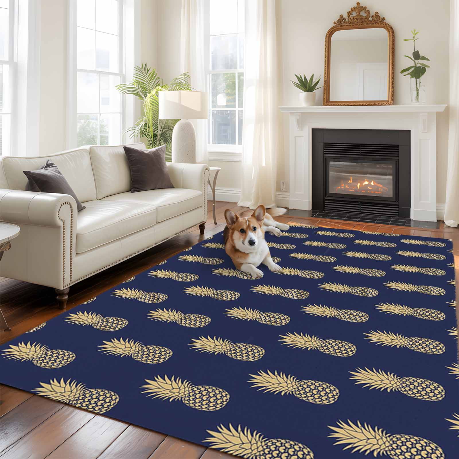 Pineapple Art Area Rugs 5x7 ft Vintage Fruit Yellow Blue Modern Texture ...