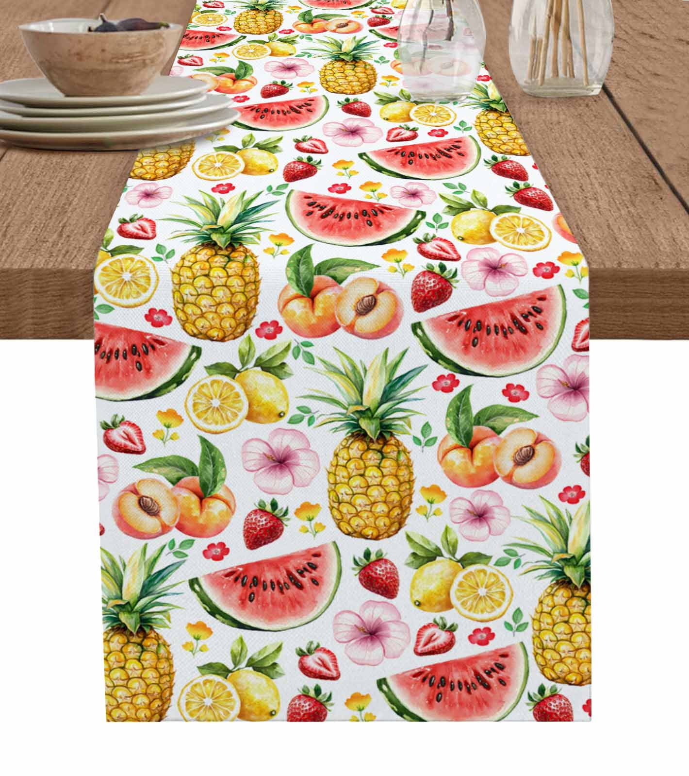 Pineapple Burlap Cotton Table Runner 13x108 Inches Long, Strawberry Peach Lemon Watermelon Peach ...