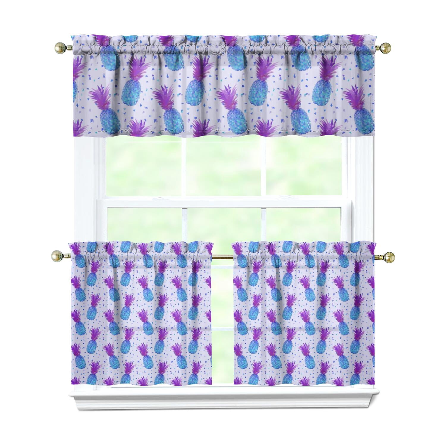 Pineapple Kitchen Curtains 3 Piece Set Hawaiian Tropical Tier