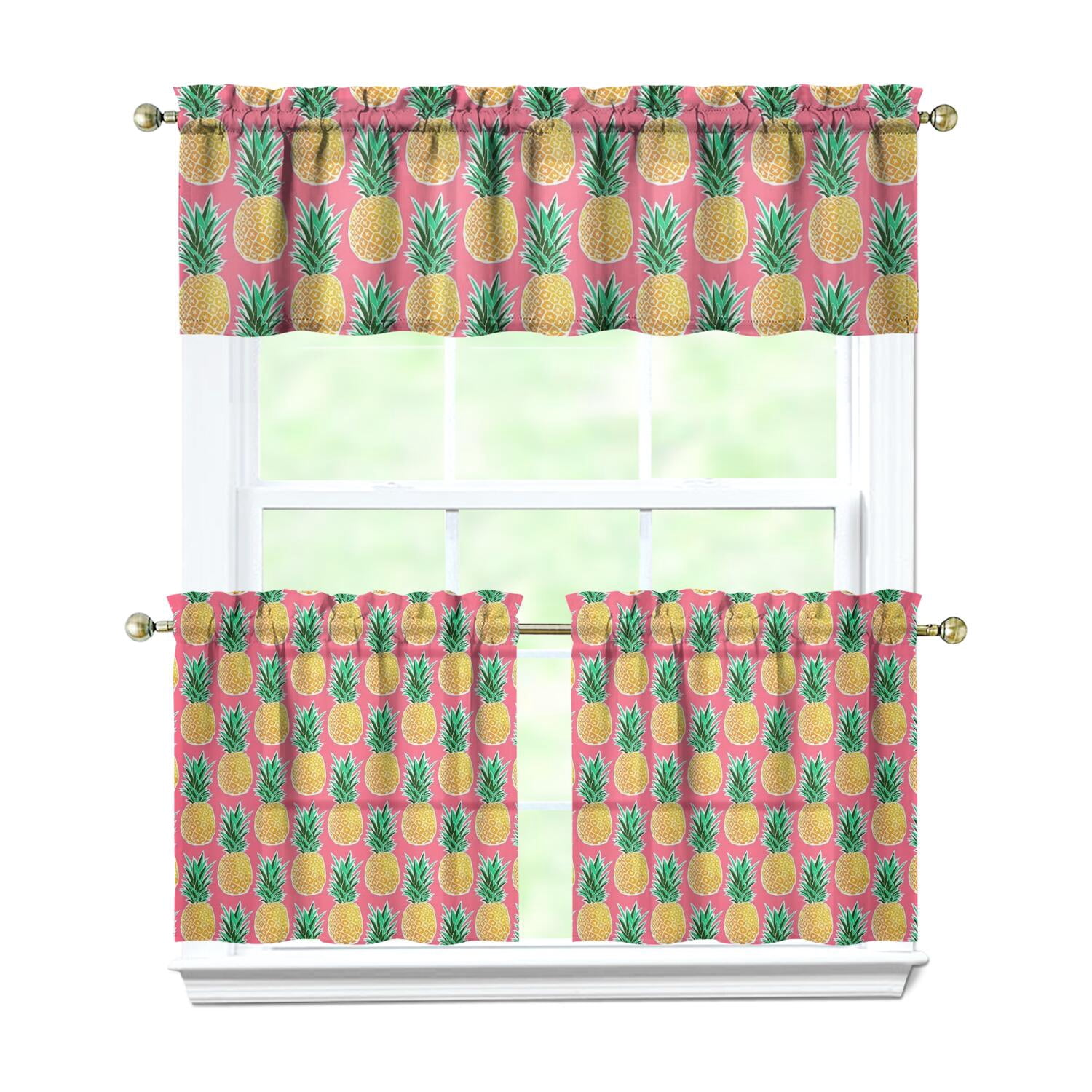 Pineapple Kitchen Curtains 3 Piece Set Hawaiian Tropical Tier